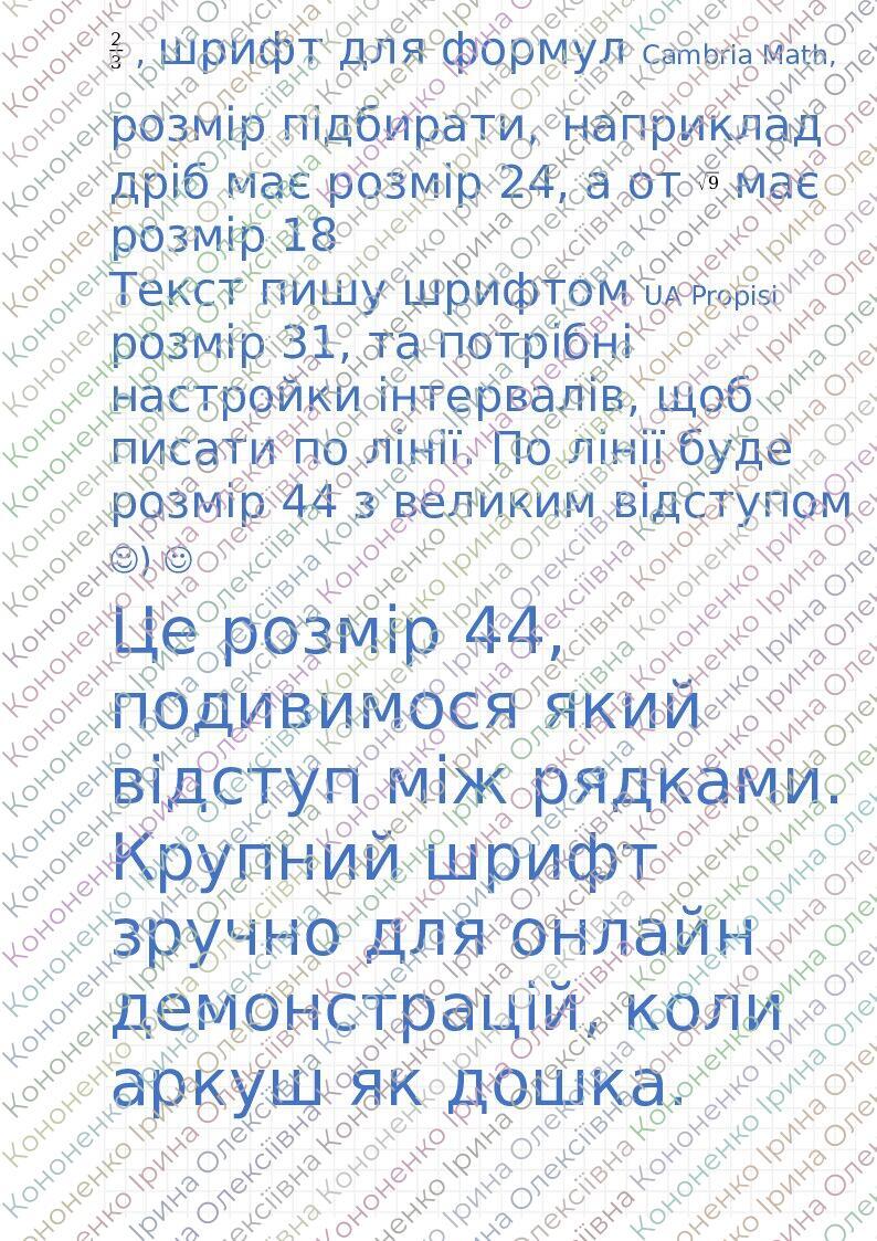 Розлінований аркуш А4 в клітинку, про шрифти UA Propisi, Cambria Math ...