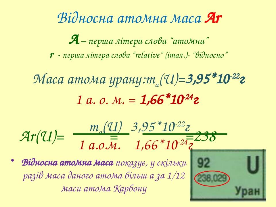 Презентація до уроку "Маса атома. Атомна одиниця маси. Відносні атомні ...