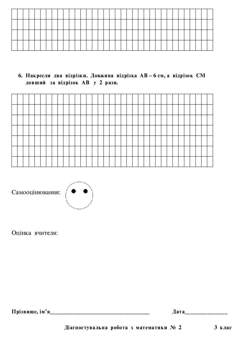 Діагностувальна робота № 2 з математики для учнів 3 класу Тема «Таблиці множення та ділення