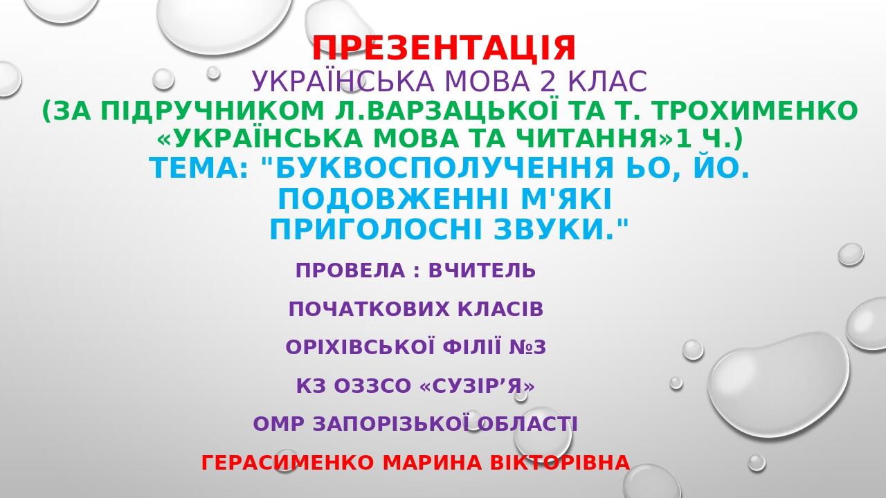 Презентація Українська мова 2 клас Тема Буквосполучення ьо йо