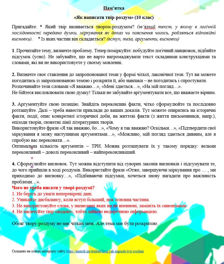 Памятка Як написати твір роздум 10 клас Інші методичні матеріали