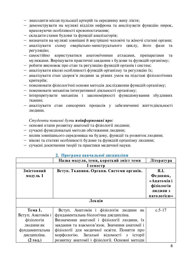 РОБОЧА ПРОГРАМА ДИСЦИПЛІНИ АНАТОМІЯ І ФІЗІОЛОГІЯ ЛЮДИНИ Робоча
