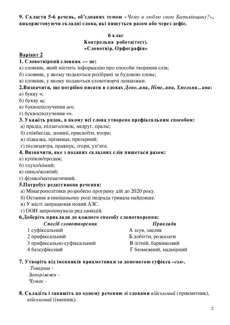 Контрольна робота тестові завдання Словотвір Українська мова