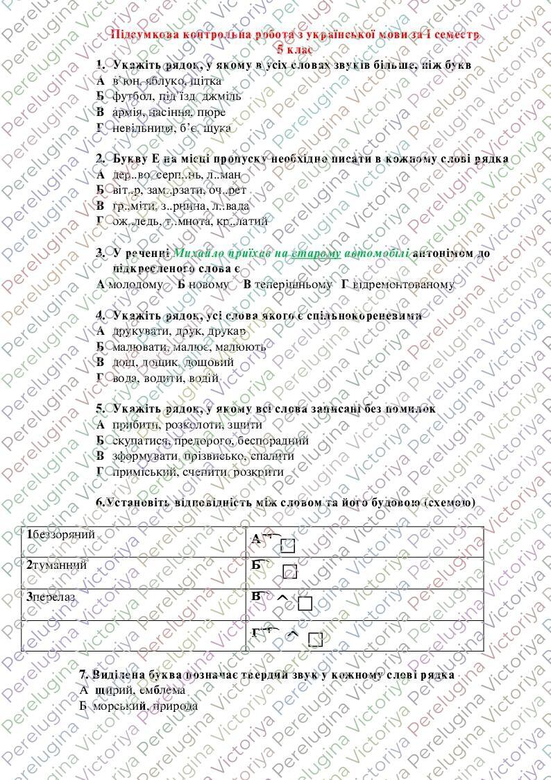 Підсумкова контрольна робота з української мови за І семестр 5 клас НУШ Тест Українська мова