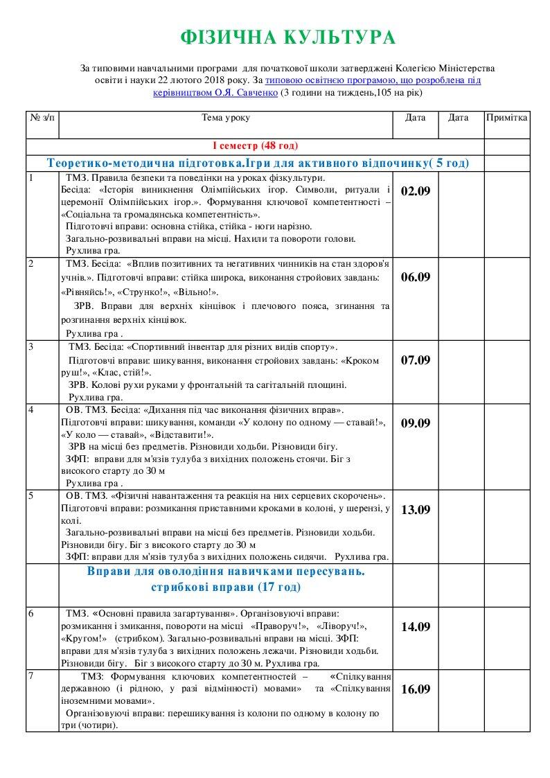 Орієнтовне календарне планування уроків «Фізична культура 3 клас за