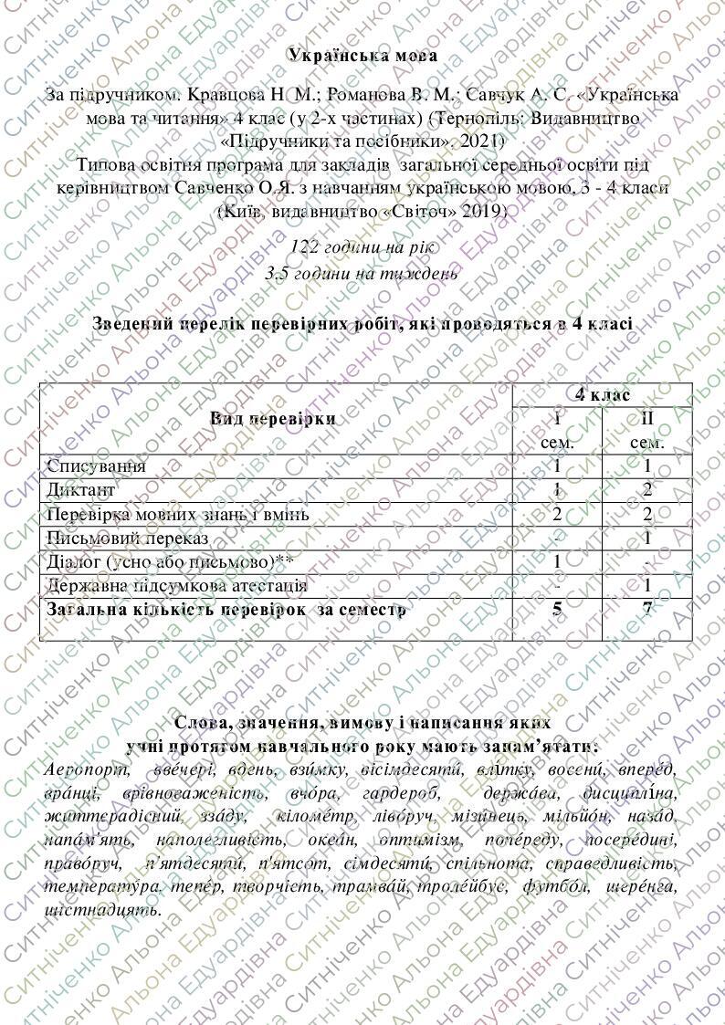 Календарне планування з української мови з компетентностями І та ІІ семестр 4 клас за
