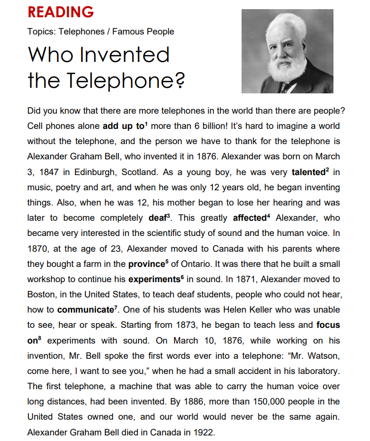 READING "Who Invented the Telephone? " | Тест на 6 запитань. Англійська ...