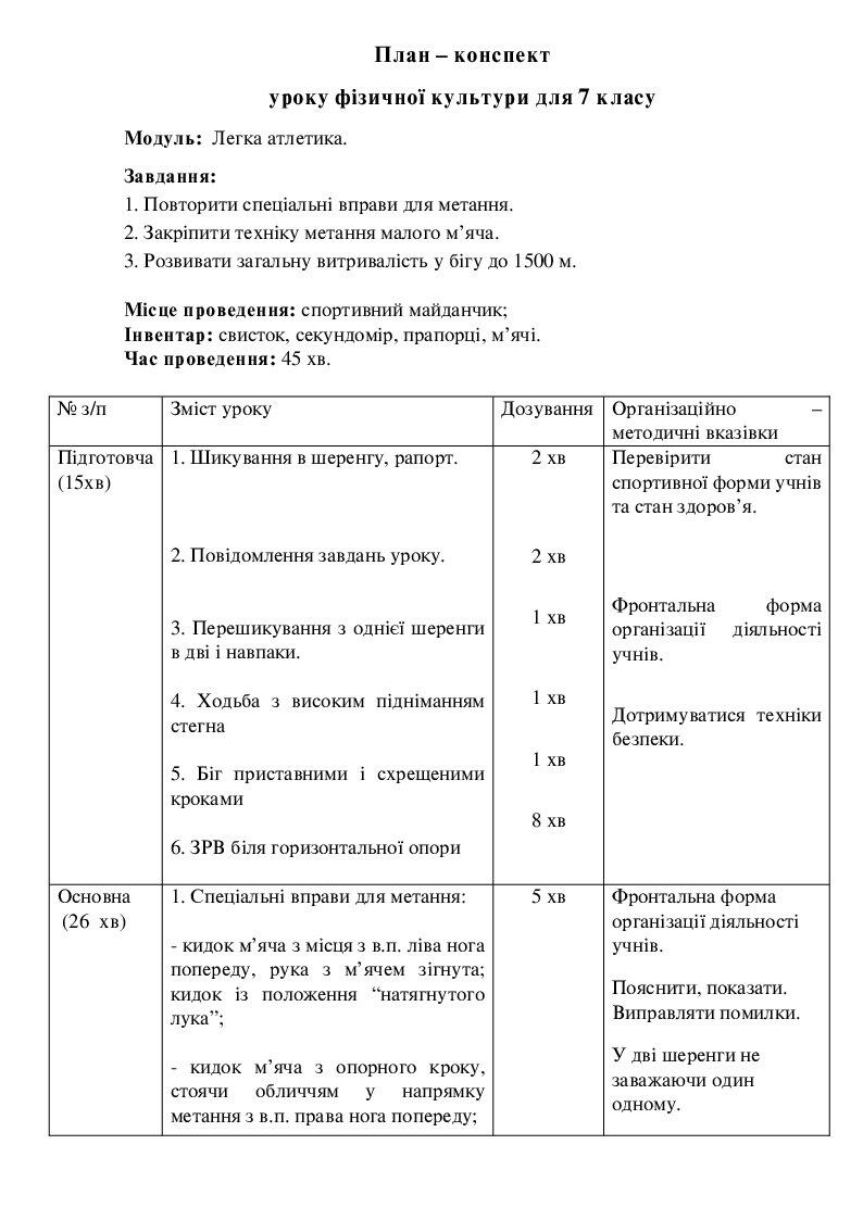 План конспект уроку з фізичної культури для учнів 7 класу Конспект Фізична культура