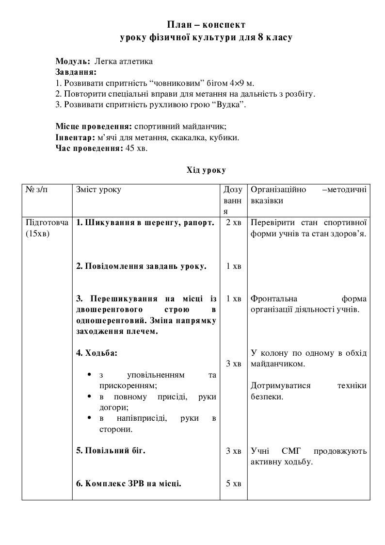 План конспект уроку з фізичної культури для учнів 8 класу Модуль легка атлетика Конспект
