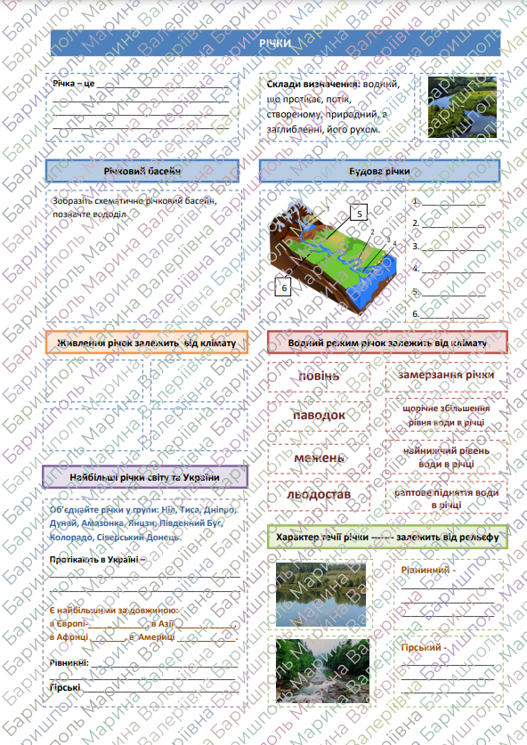 Робочий аркуш Річки 6 клас Інші методичні матеріали Географія