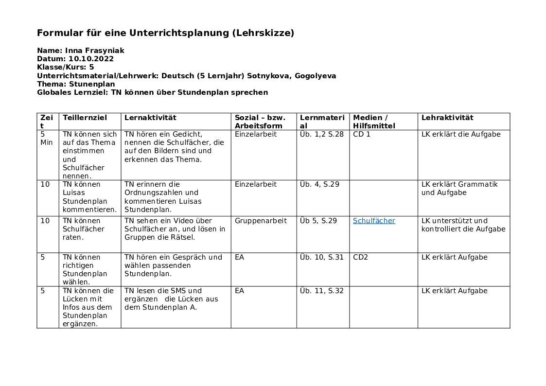 Unterrichtsplanung (Lehrskitzze) zum Thema "Stundenplan" - 5 Klasse ...
