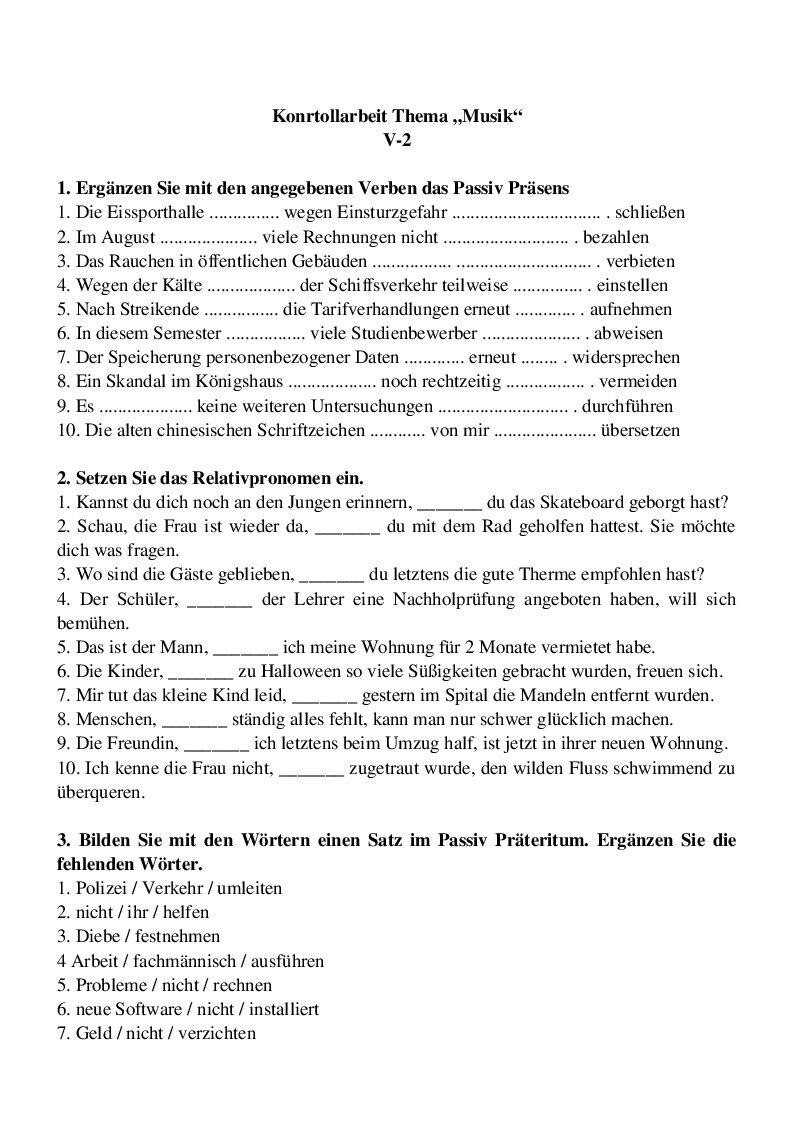 Kontrollarbeit 10 Klasse. Thema "Musik" | Інші методичні матеріали. Deutsch