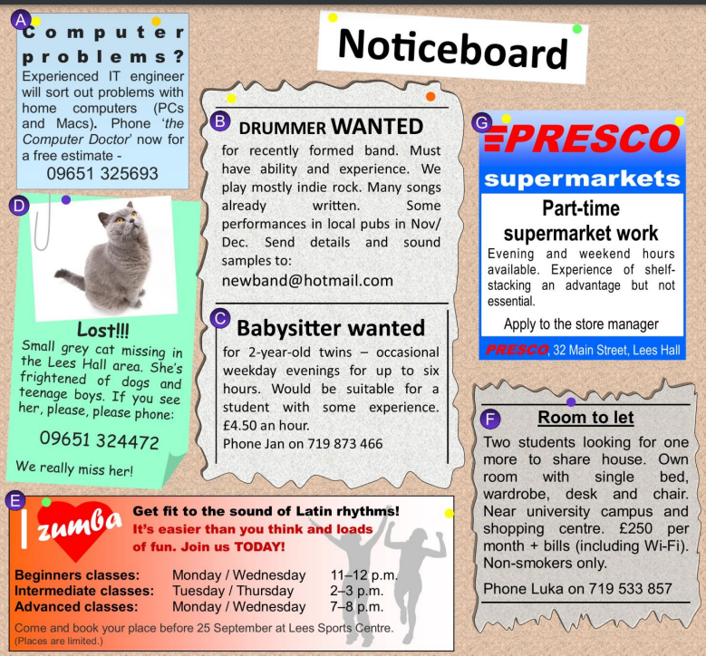 8 Reading Noticeboard | Тест на 15 запитань. Англійська мова