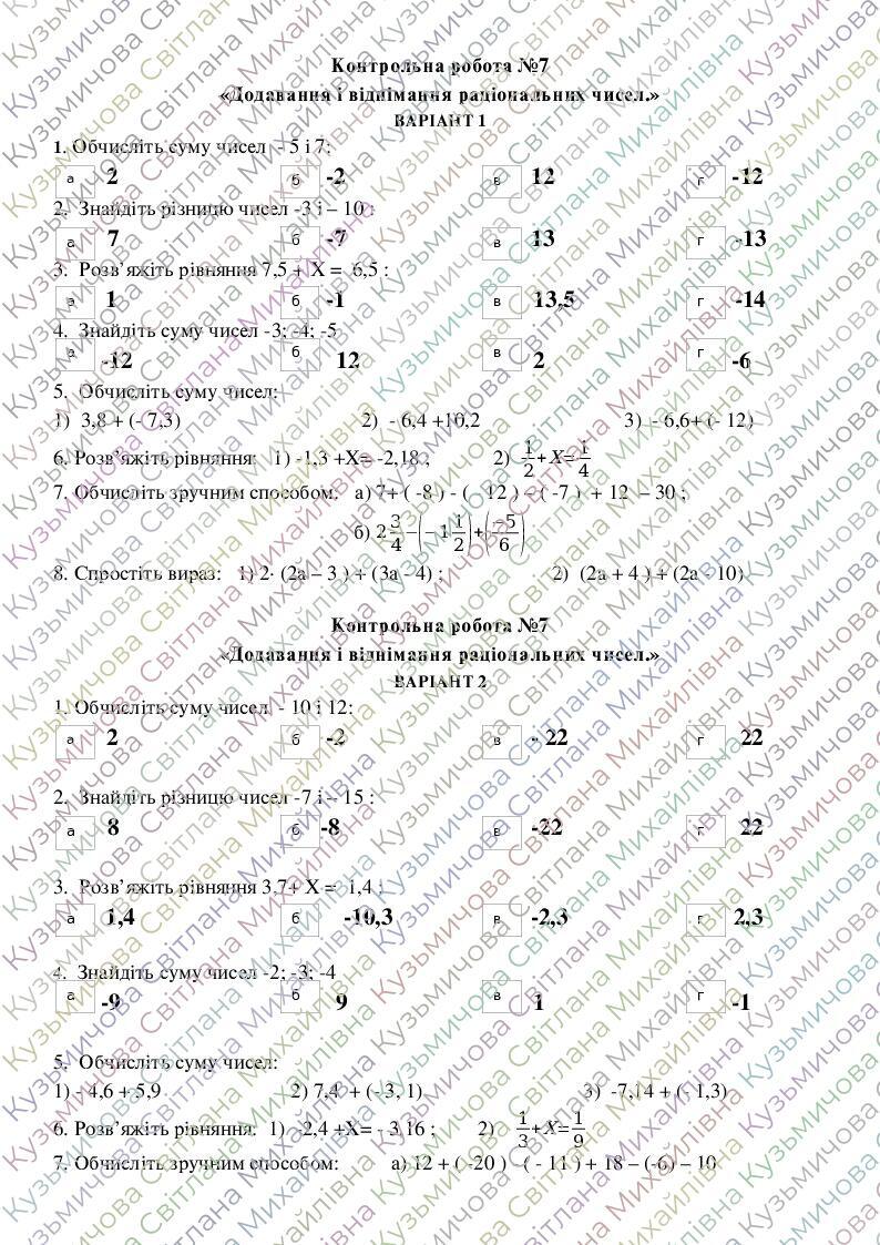 Контрольна робота «Додавання і віднімання раціональних чисел 6 клас Інші методичні матеріали