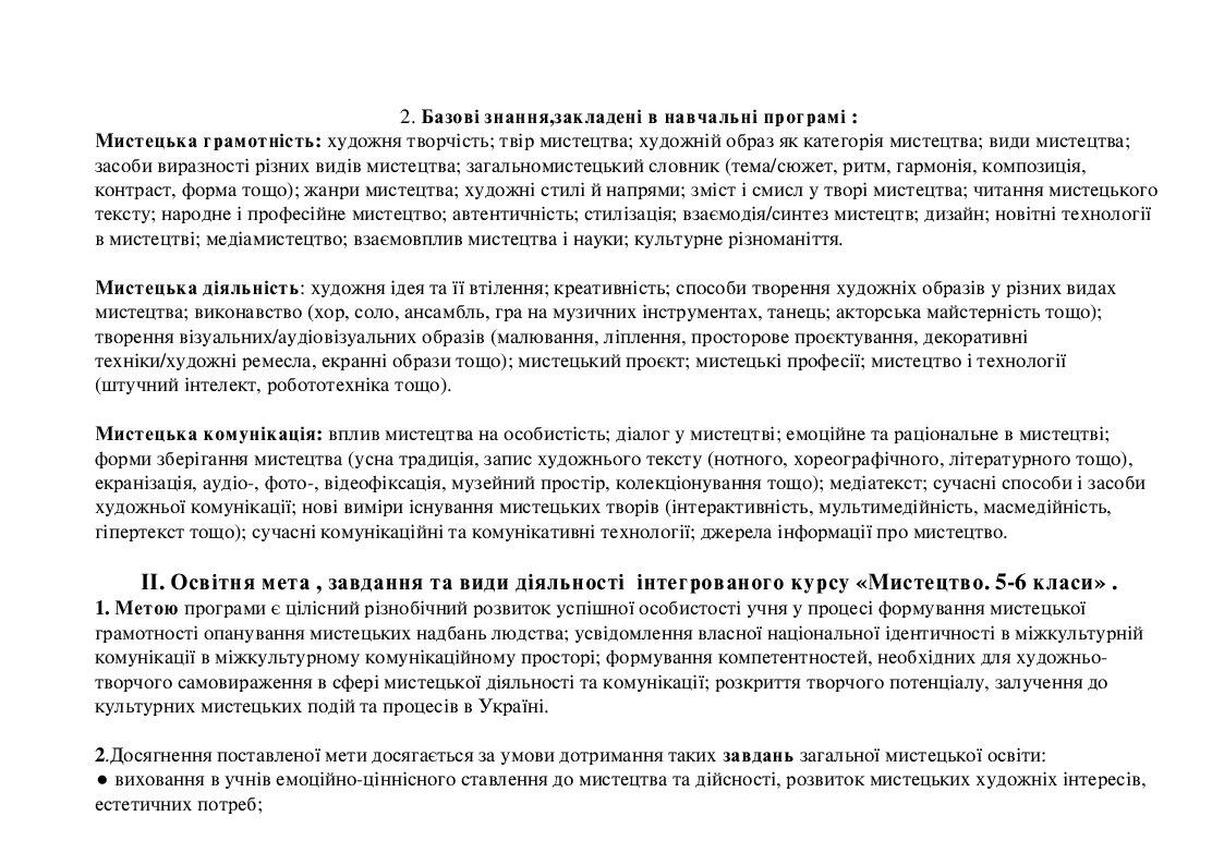 Навчальна програма з інтегрованого курсу Мистецтво 5 6 клас музичне мистецтво НУШ на