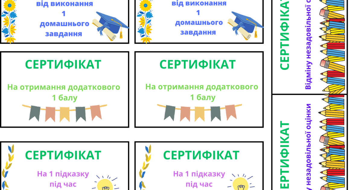 Мотиваційні картки для учнів. Сертифікати | Інші методичні матеріали. НУШ