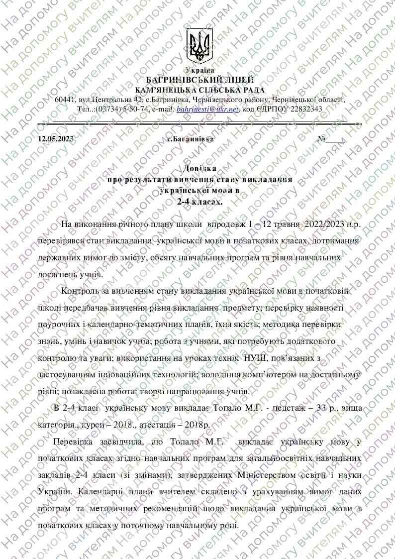 Довідка про стан викладання української мови у 2 4 класах Конспект