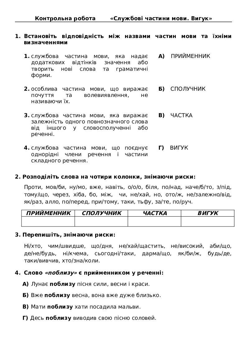 Контрольна робота Службові частини мови Вигук 7 клас Інші методичні матеріали Українська