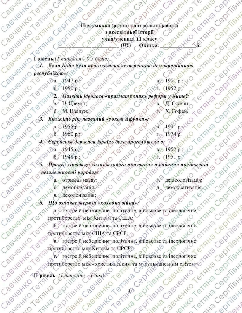 Підсумкова річна контрольна робота з всесвітньої історії 11 клас