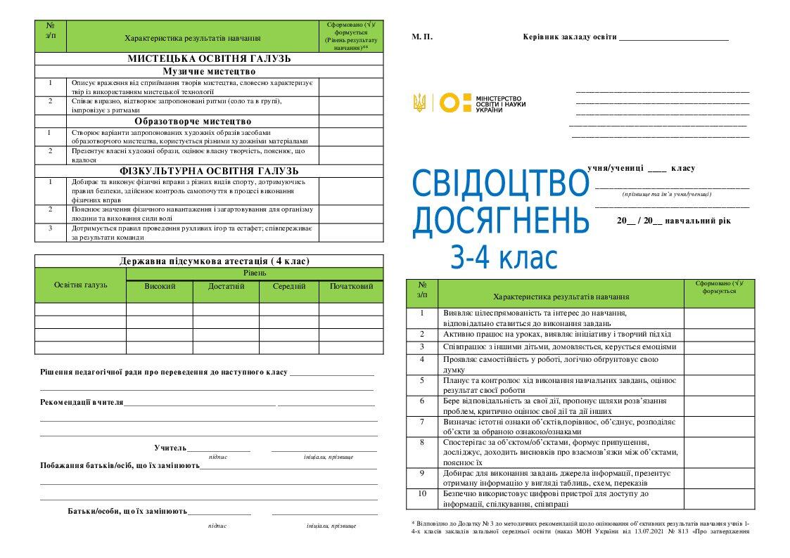 Свідоцтво досягнень 3 4 клас 2022 2023 н р Різне